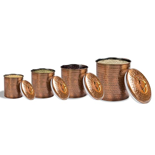 nu steel Hammered Antique Copper Stainless Steel 4pc Canister Set, Beautiful Food Storage Container for Kitchen Counter, Tea, Sugar, Coffee, Caddy, Flour Canister with Rubber seal lid, TG-1843AC-SET4
