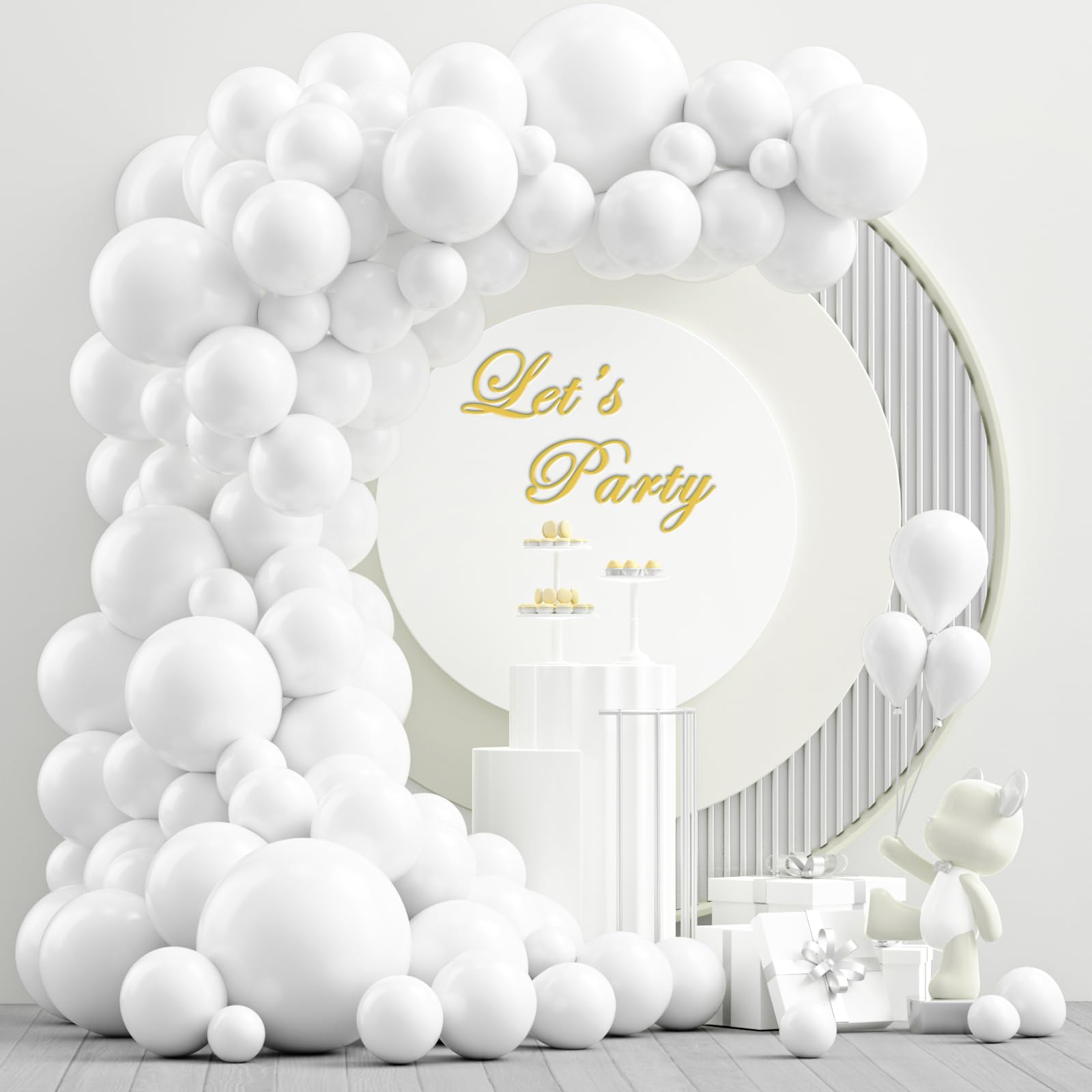 NISOCY White Balloons Arch Kit, 102PCS 18In 12In 10In 5In Arch Garland for Wedding, Bride Engagement, Festival Picnic, Birthday, White Theme Anniversary Christmas Decoration With 33FT Ribbon