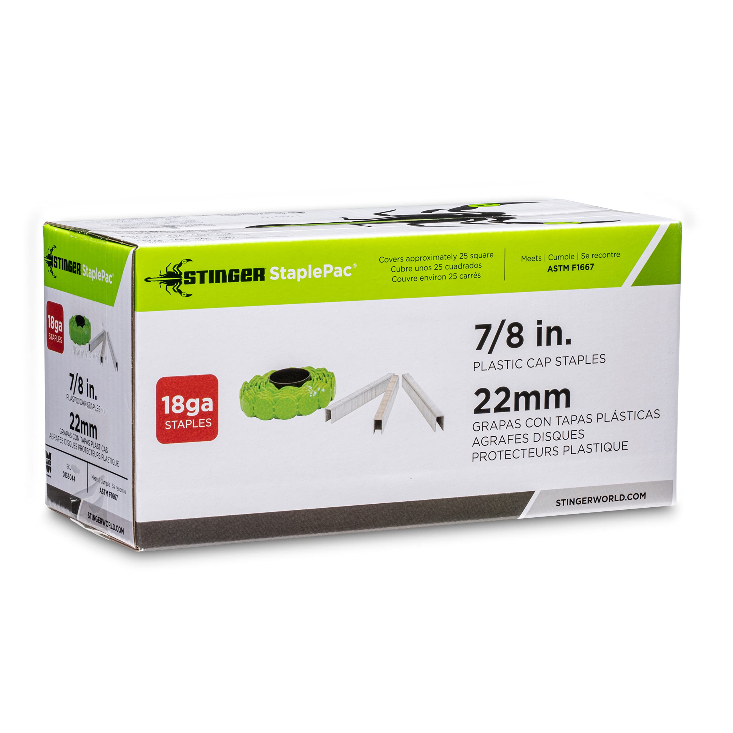 Cap Staples, 7/8" StaplePac, 1" Caps, 7/16" Crown Staples 18ga (2000 ct) for use with CS150B Pneumatic Cap Stapler, STINGER 0136044