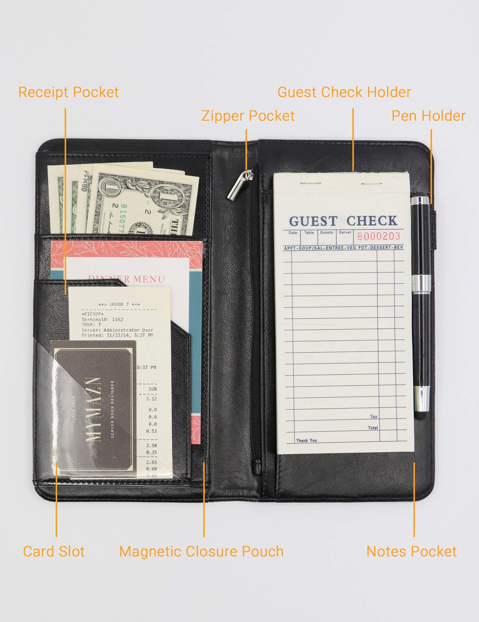 Mymazn Holographic Glitter Server Book with Zipper Pocket 5x9 Waitress Book with Magnetic Closure Pocket Serving Book for Waitress Wallet