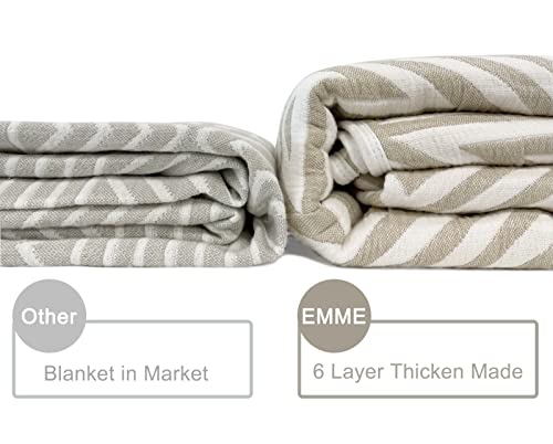 EMME Cotton Queen Blanket for Bed - Queen Quilt 6 Layer Soft Thicken 400GSM Triangle 90"x 90", Cotton Comforter for Dorm Bed All Seasons (Light Tan,Queen)
