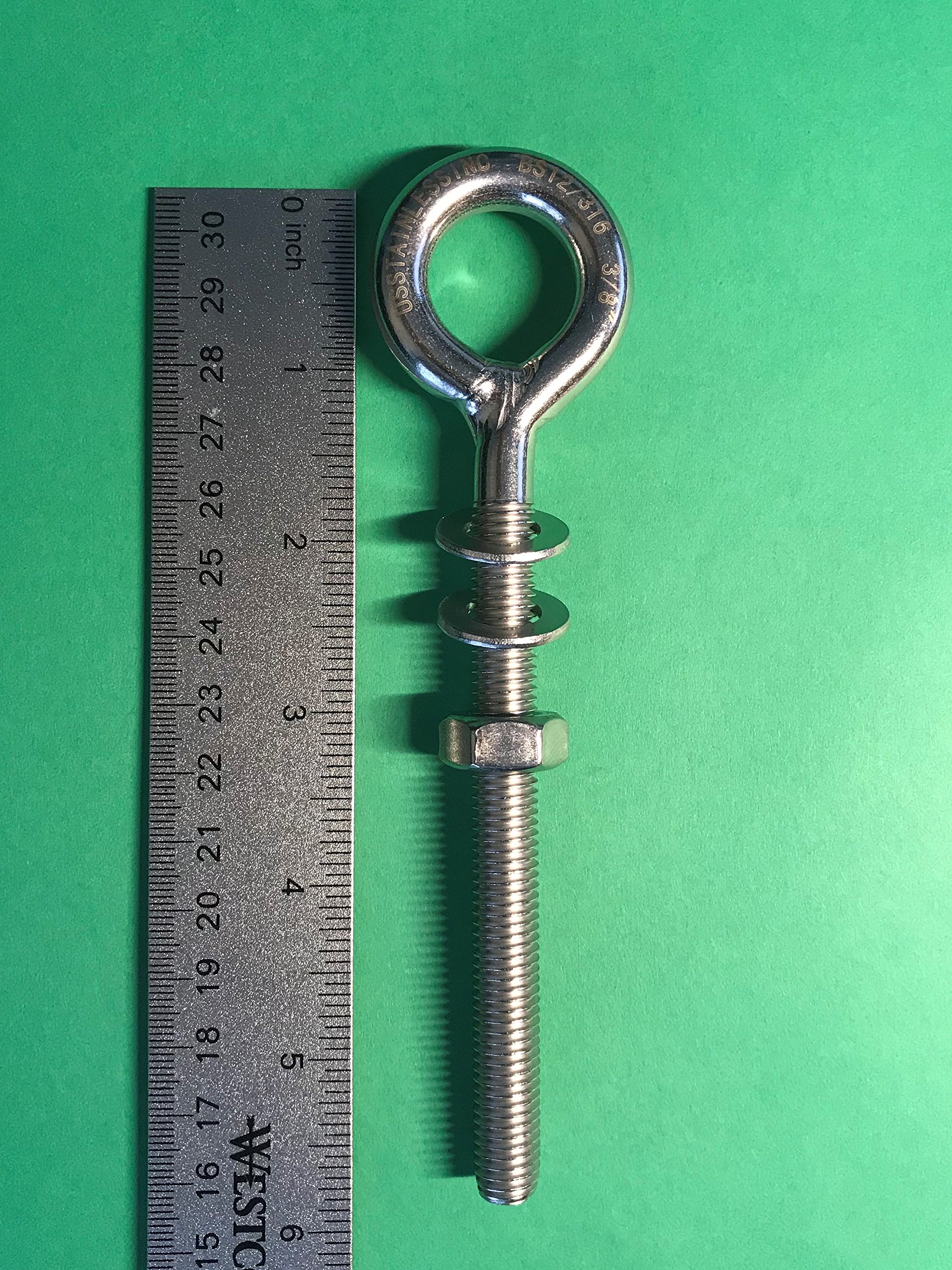 US STAINLESS 2 Pieces Stainless Steel 316 M10 Eye Bolt 10mm x 100mm (3/8" x 4") Marine Grade Pitch of 1.5