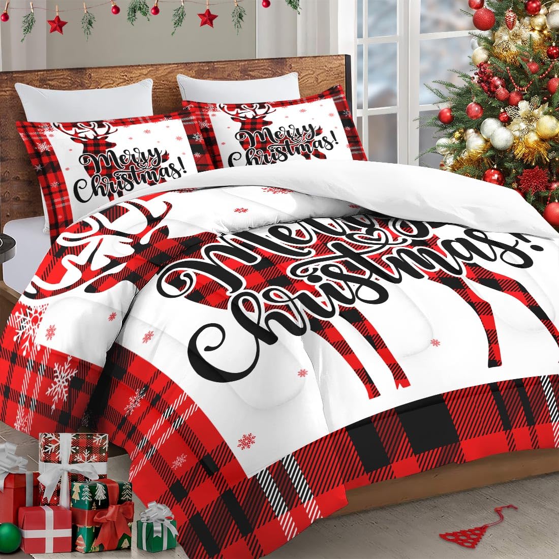 WeCozy King Size Comforter Set with 2 Pillowcases, Merry Christmas Happy Santa Claus Soft 3 Pcs Bedding Set for Kids and Adults Bedroom Bed Decor