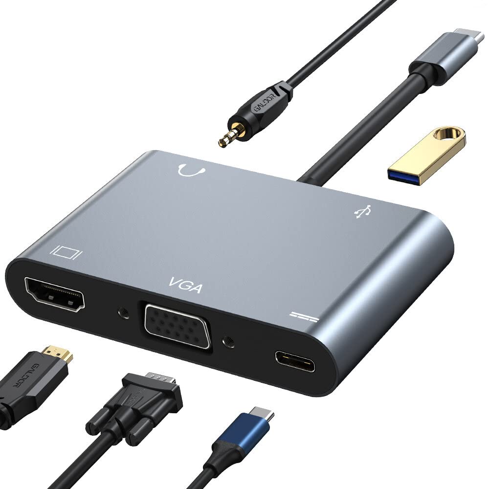 5 in 1 Type-C Docking Station USB-C Hub Adapter with USB3.0 USB-C PD 100W 4K HDMI-Compatible 1080P VGA 3.5mm Audio for PC Computer Laptop BYL-2002