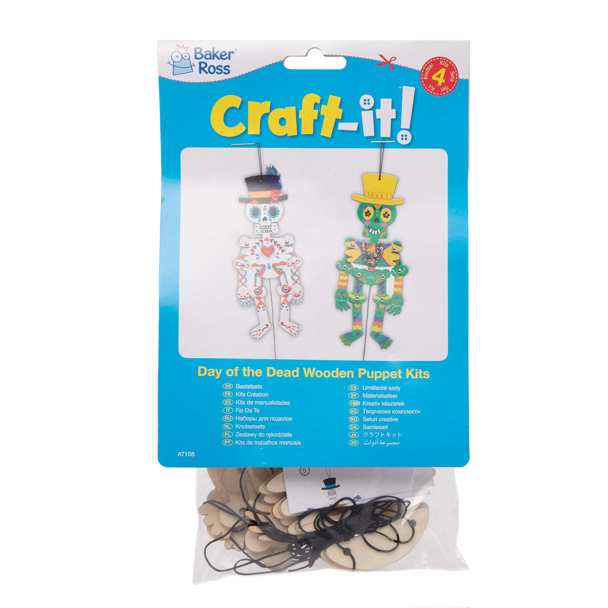 Baker Ross AT108 Wooden Skeleton Puppet Kit - Pack of 4, Wood Craft Kit for Kids Day of The Dead Arts Activities