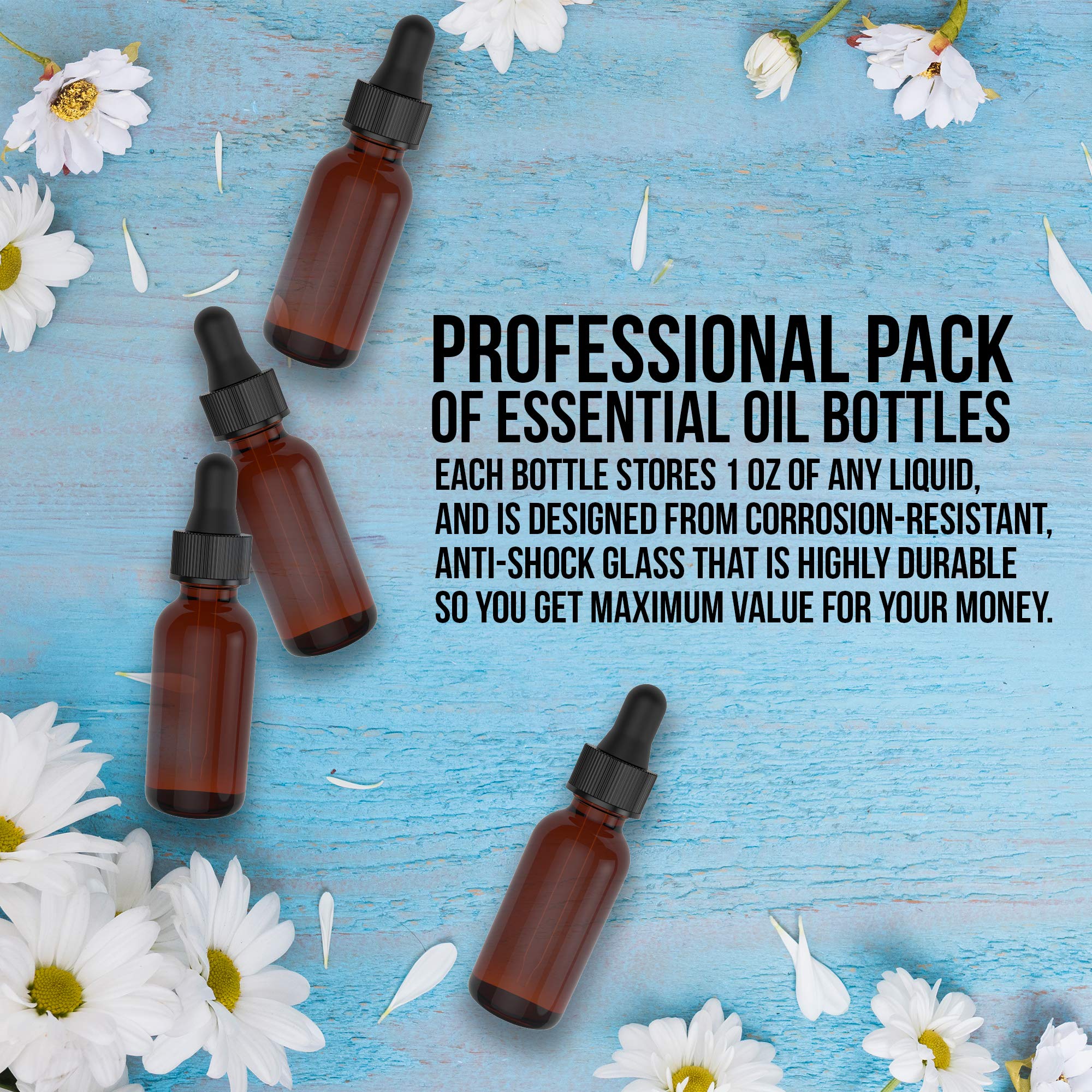 Nylea 8 Pack Essential Oil Bottles - Round Boston Empty Refillable Amber Bottle with Glass Dropper for Liquid Aromatherapy Fragrance Lot - (1 oz) 30ml