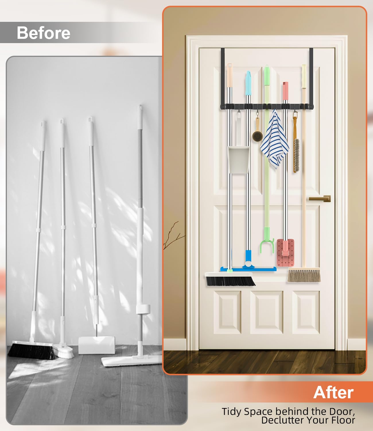 Broom Holder Over The Door Drilling Free Mop and Broom Holder with 4 Over Door Hook, Metal Mop and Broom Holder Wall Mount Broom Storage Tool Organizer for Laundry Room Garage Kitchen Bathroom