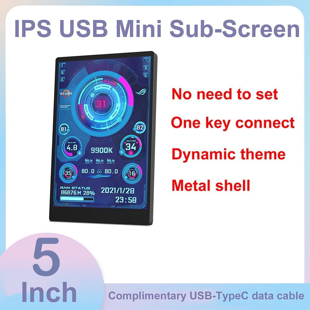 5 inch IPS USB Mini Screen PC CPU RAM HDD Data Monitor Computer Temperature Display Type-C Sub Screen No Need for AIDA64 Black