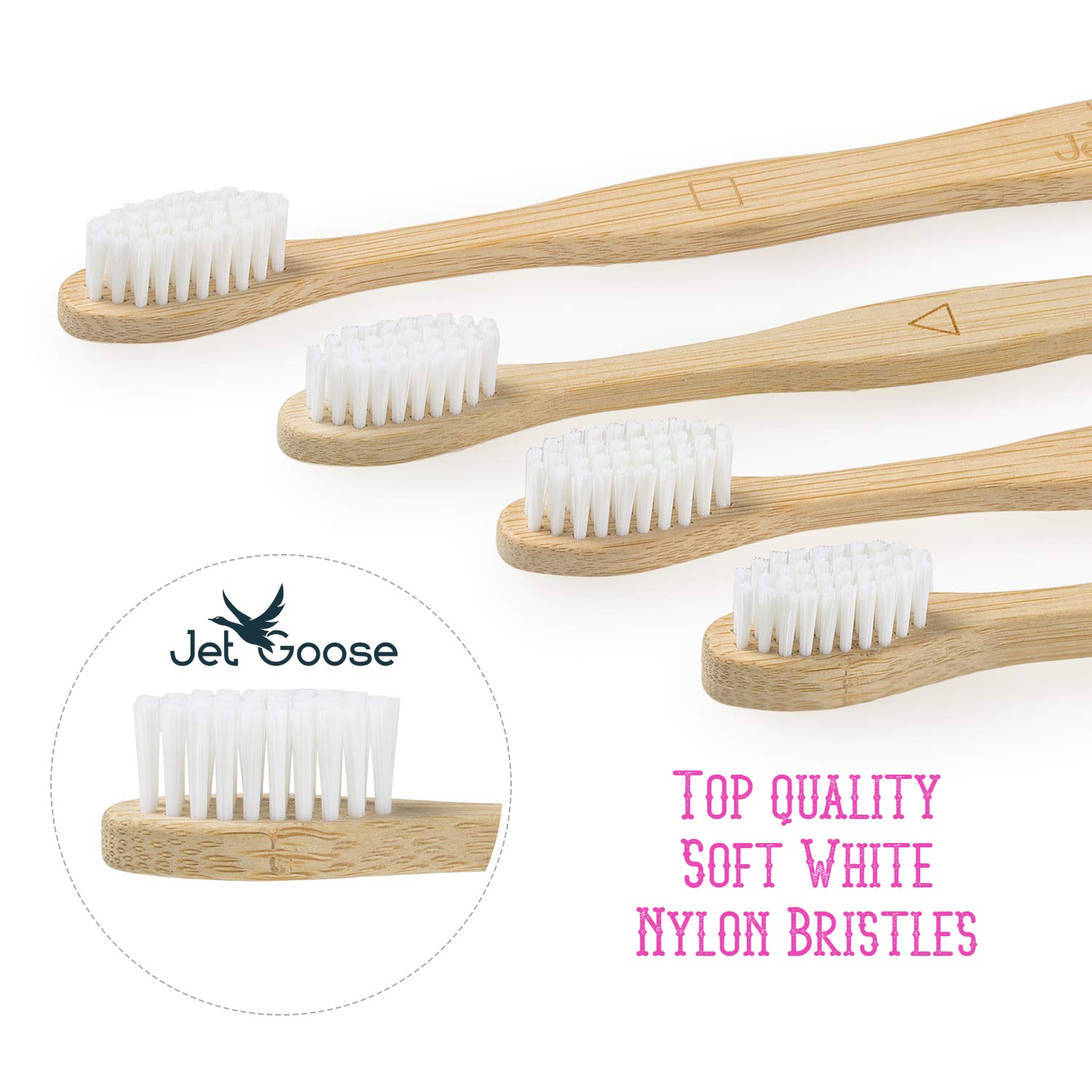 Jet Goose Bamboo Toothbrush Set | 4 Natural Eco- Friendly Biodegradable Bamboo Toothbrushes | BPA Free | Soft White Nylon Bristles