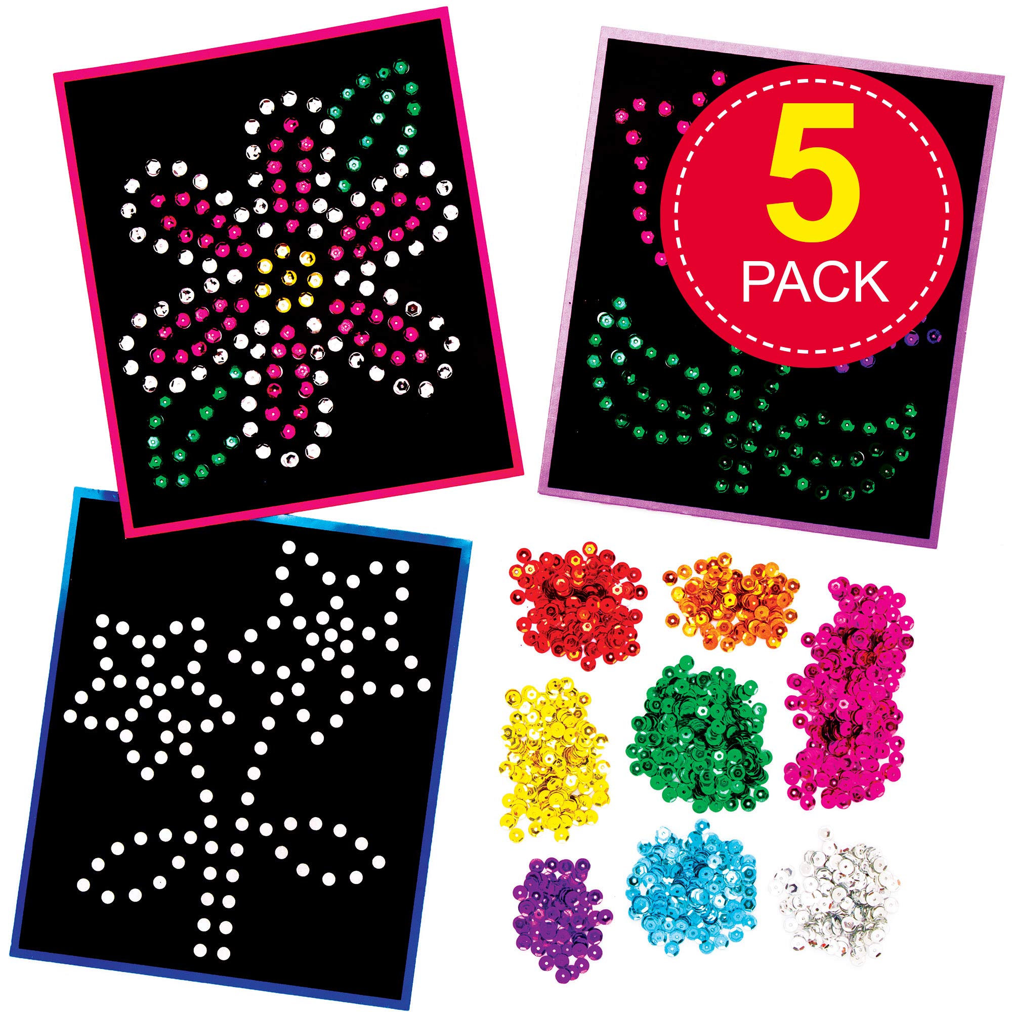 Baker Ross AT386 Flower Sequin Craft Pictures - Pack of 5, for Children to Decorate and Personalise Arts Projects, Ideal Groups, Home Crafting, Class Room Activities