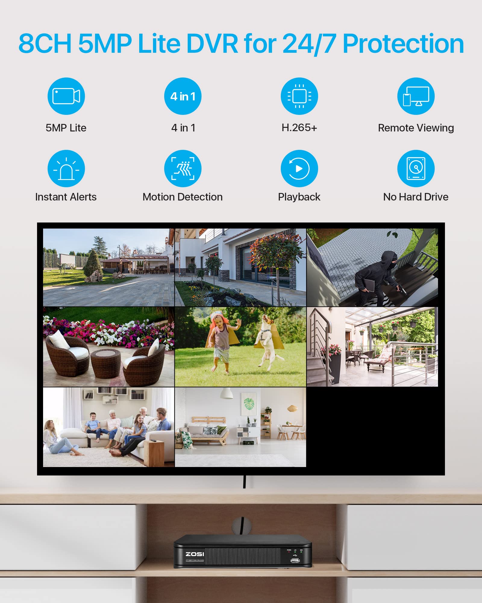 ZOSI 1080p Home Security Camera System Outdoor Indoor, H.265+ 5MP Lite CCTV DVR Recorder 8 Channel with 6 x 1080p Weatherproof Surveillance Bullet Camera, 80ft Night Vision, Remote Access, No HDD