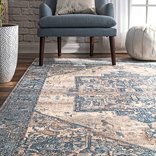 nuLOOM Harriet Vintage Medallion Fringe Area Rug, 4' x 6' Oval, Light Blue
