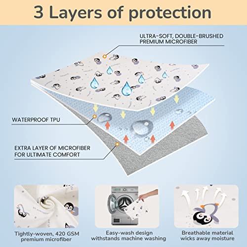 Comfy Mattress Pad Bassinet Sheet (2 Per Pack) Li’l Pengyu, Dual Front Super Soft Double-Brushed Microfiber & TPU Waterproof Neutral Fit Sheets, Crib Sheets for Boys Girls, Toddler Bed (31.1"X19.5")