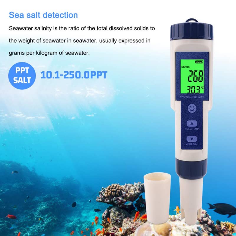 5 in 1 TDS/EC/PH/Salinity/Temperature Meter Digital Water Quality Monitor Tester for Pools, Drinking Water, Aquariums,Hydroponics
