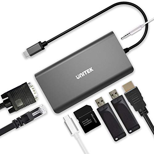 UNITEK Hub USB-C with Power Delivery, HDMI v.1.4 4K@30Hz, Ethernet/Internet Connection, 2 x USB 3.0, USB C with PD 100 W, 20 V/5 A, SD Card Reader, 3.5 mm Audio Connection, Aluminium, Grey