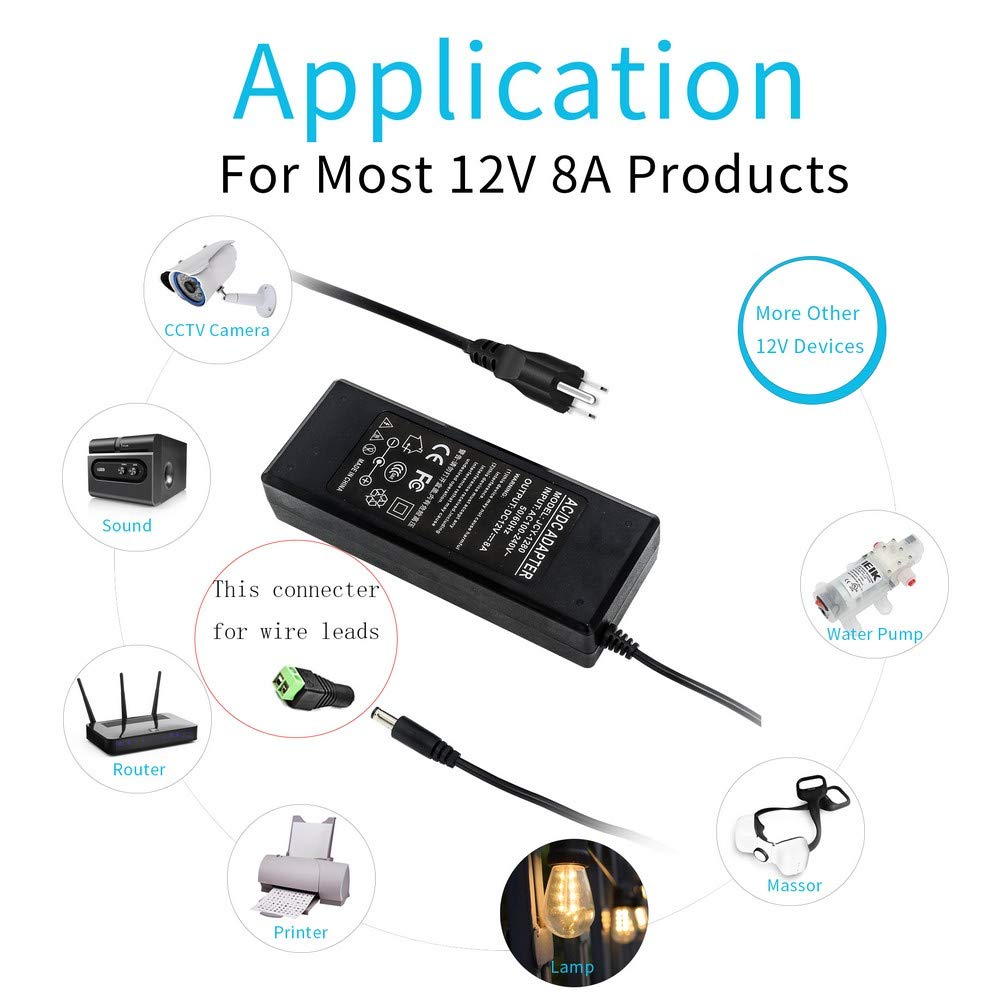 IEIK 12V 8A 96W Power Supply Adapter AC to DC Converter Charger AC 110V ~ 240V to DC 12V 8Amp Transformer for Water Pump, CCTV, Computer Project