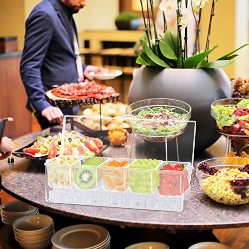 DARCKLE 5 Compartment Condiment Server, Ice Chilled Condiment Containers with Hinged Lid Chilled Caddy with 5 Removable Dishes and 15 Pieces Stainless Steel Serving Tongs Serving Spoons Fruit Forks