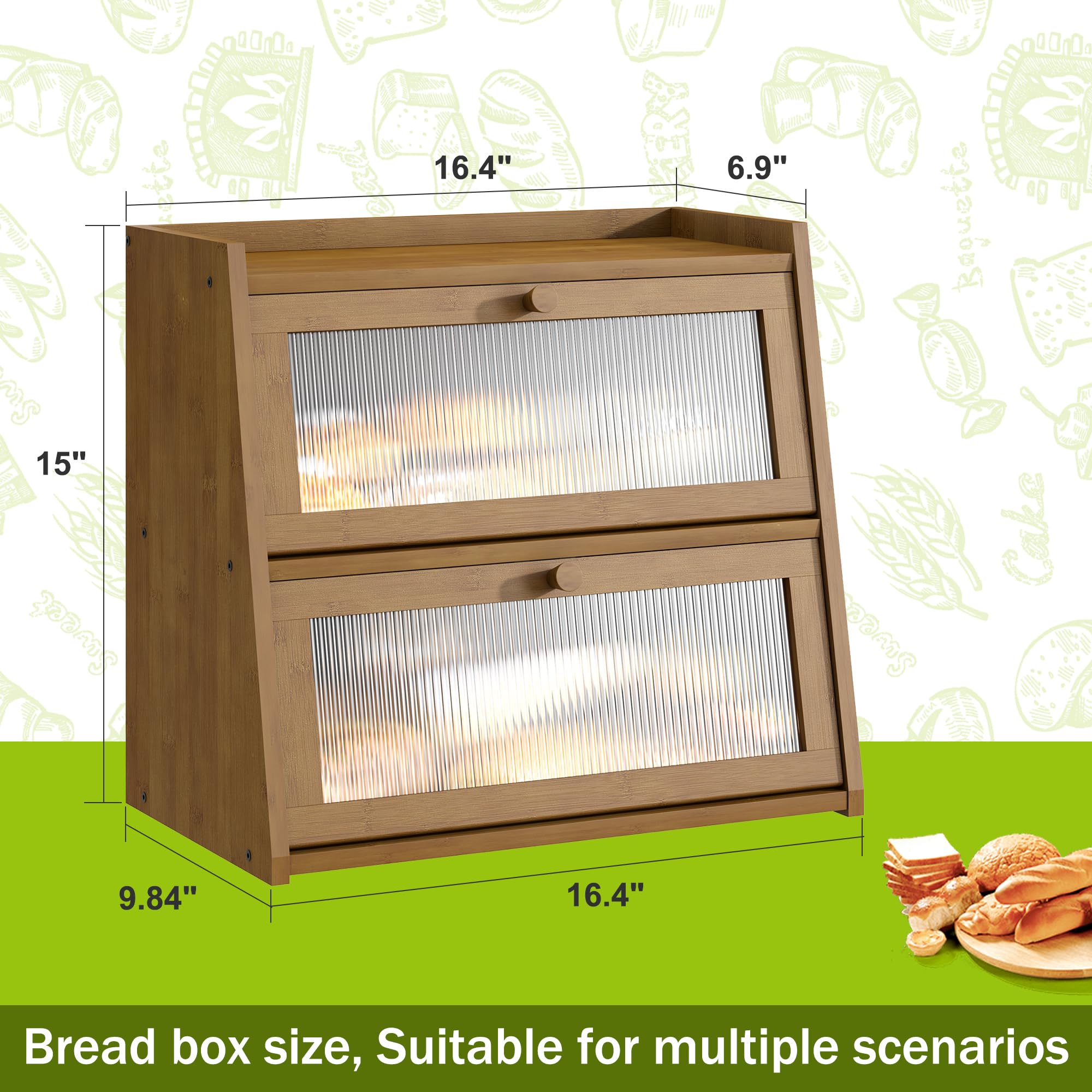 BMOSU Large Bread Box for Kitchen Countertop Double Layer Bread Box Farmhouse Bamboo Bread Box Self-Assembling (Black)