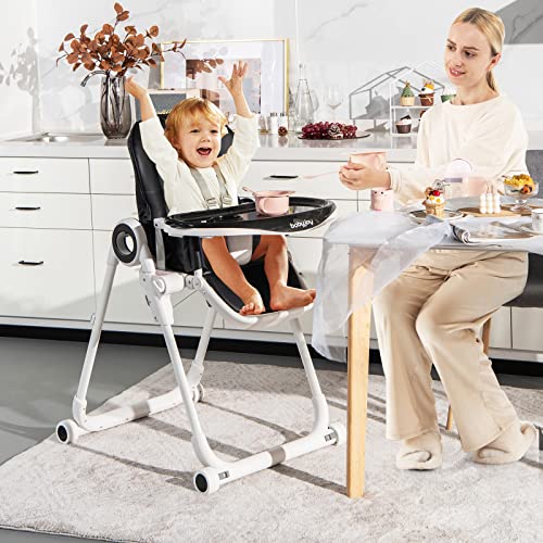 BABY JOY High Chair for Babies & Toddlers, Foldable Highchair with Adjustable Backrest/Footrest/Seat Height, Double Removable Trays, Detachable Seat Cushion, 4 Lockable Wheels (Black)