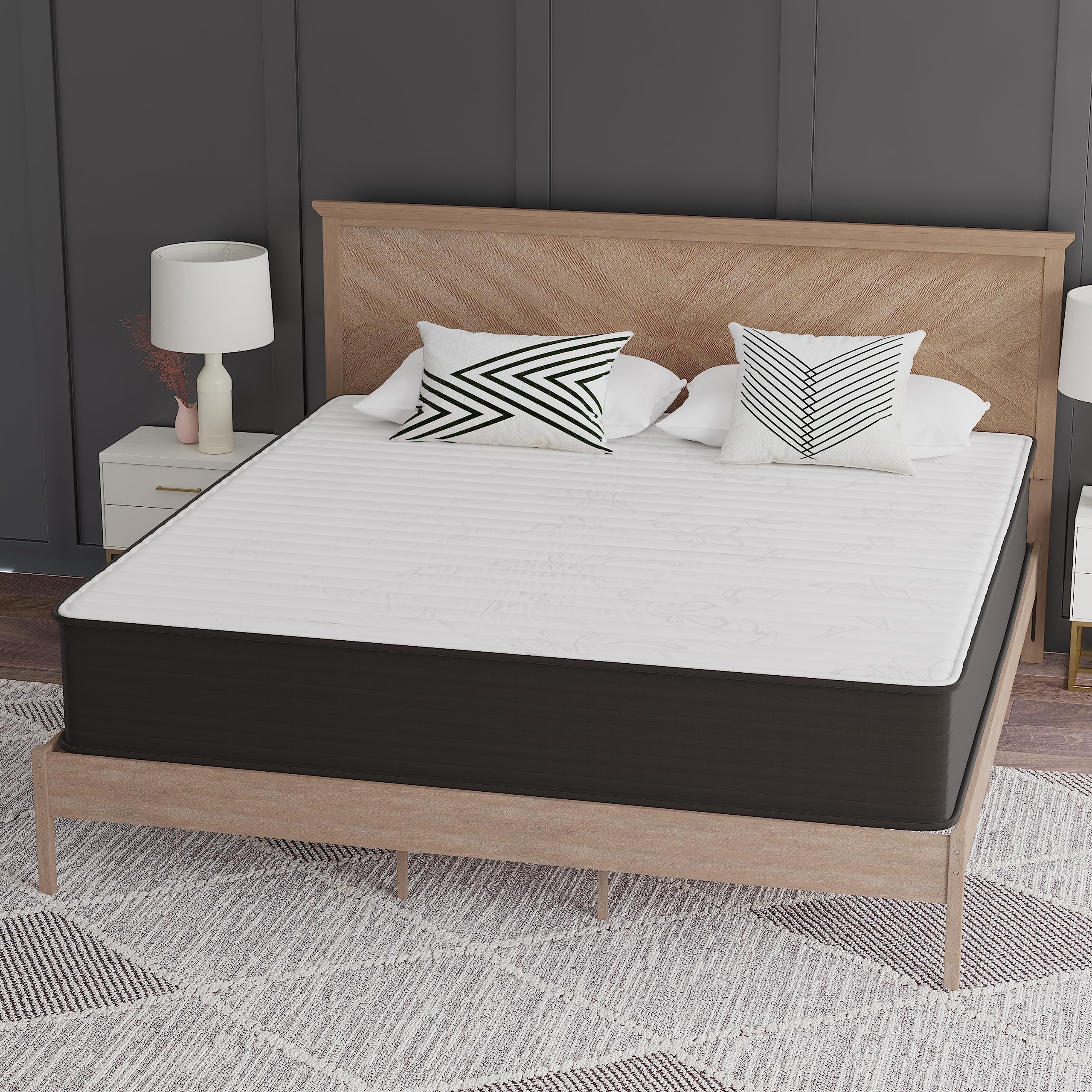 EMMA + OLIVER Drift 12 Inch Hybrid Mattress, High Density Foam and Pocket Spring Mattress in a Box, CertiPur-US Certified Foam, King Size, White/Black