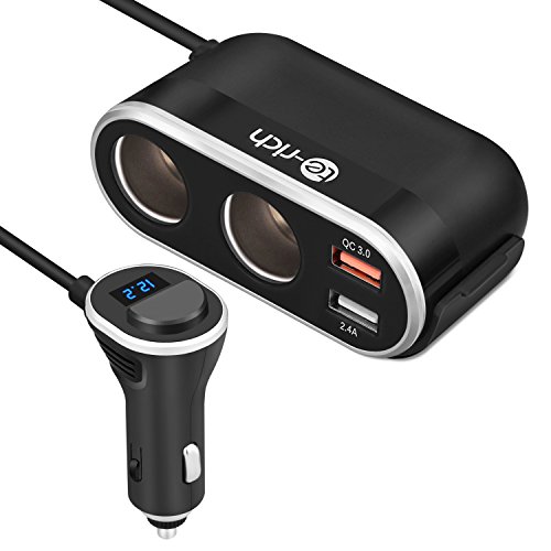 Car Socket Splitter, Te-Rich 96W 2-Way Auto Cigarette Lighter Splitter Power Adapter 12V/24V DC Outlet Extender 5.4A (Quick Charge 3.0 + 2.4A) Dual USB Charger for iPhones and Samsung Galaxy