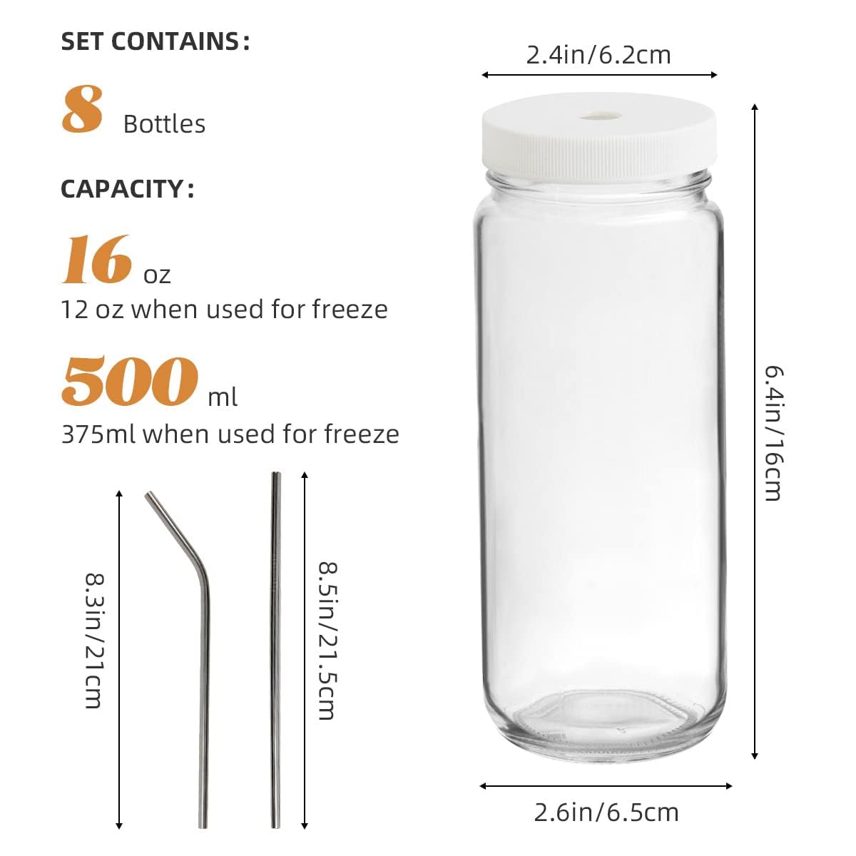OAMCEG 8 Pack 16OZ Glass Juice Bottles with Straw Lids - Smoothie Cups with Lids and Straws, Reusable Juice Bottles for Juicing, Glass Drinking Mason Jars Travel Bottles Cup (Perforated Cover)