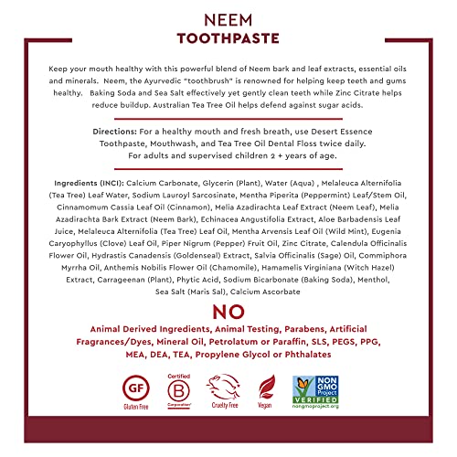 Desert Essence Neem Cinnamint Toothpaste 6.5 oz - Non-GMO, Gluten Free, Vegan, Cruelty Free, Fluoride Free - Neem & Pure Australian Tea Tree Oil - Neutralize Bacteria - Healthy Mouth & Bright Smile