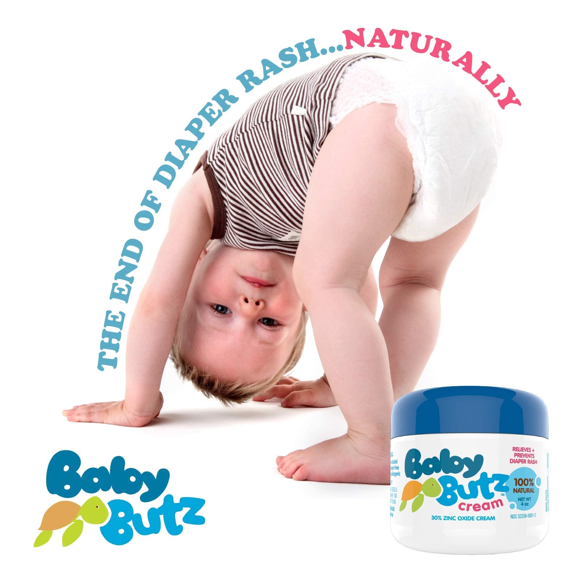 Baby Butz Diaper Rash Cream, 100% Natural Zinc Oxide Maximum Strength Butt Paste, Barrier Baby Cream to Help, Relieve & Prevent Diaper Rash, Hypoallergenic, Ointment for Newborns, Infants- 4oz