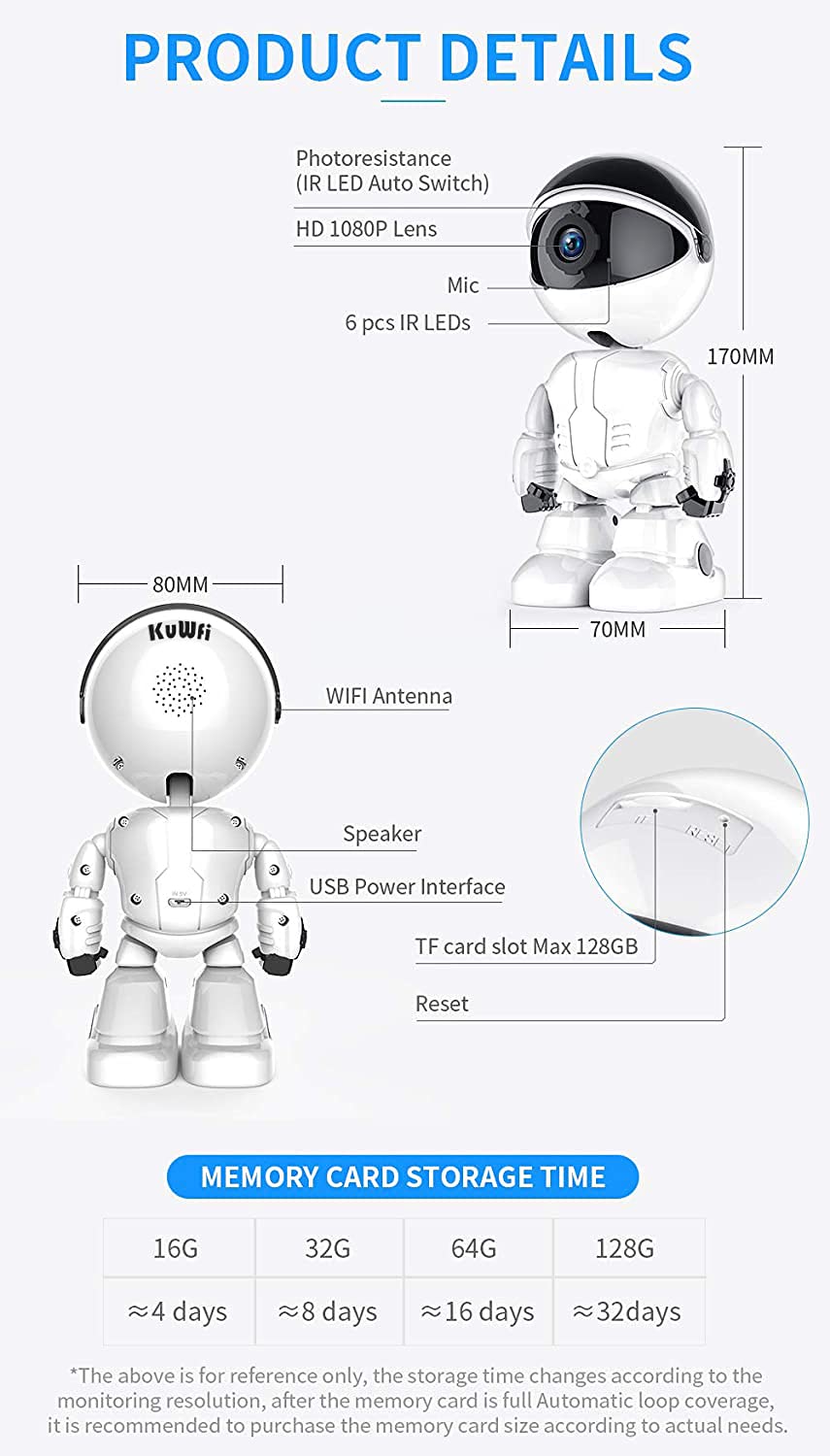 KuWFi Cloud Home Security IP Camera Robot Intelligent Auto Tracking Camera Wireless WiFi Baby Video Monitor Surveillance Camera 1080P