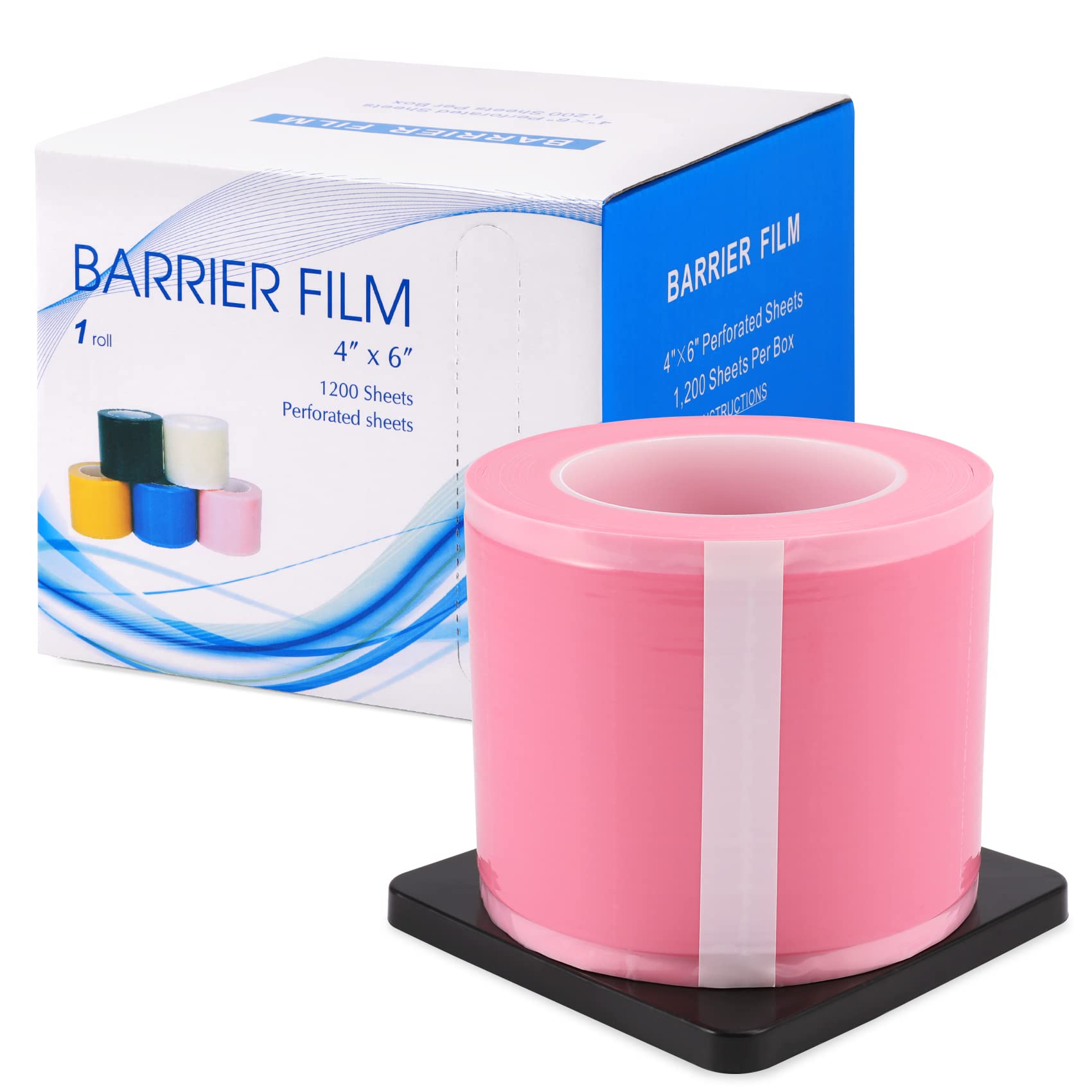 Annhua Barrier Film Dental Surface Barriers Adhesive Tape Sheets, Pink Dental Barrier Tape Tattoo Tape 4" x 6" Disposable Barrier Sheets with Edge Dispenser Box - 1200 Sheets|1 Roll