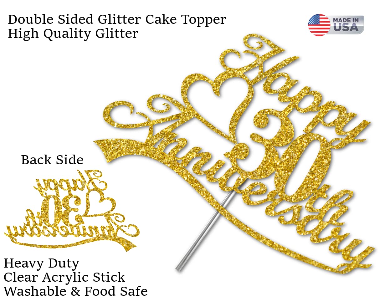 30th Anniversary Cake Topper Gold Glitter, 30 Wedding Anniversary Party Decoration Ideas, Premium Quality, Sturdy Doubled Sided Glitter, Acrylic Stick. Made in USA (30th Gold)