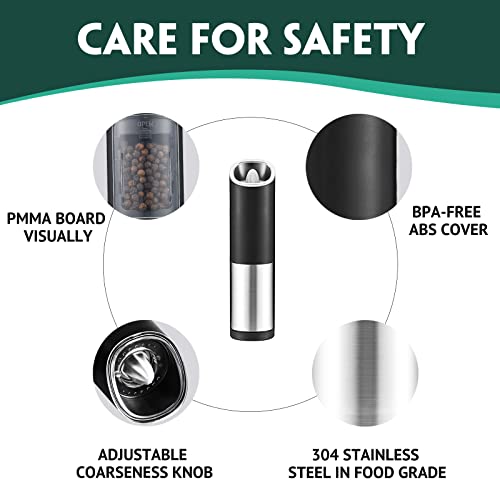 Automatic Salt and Pepper Grinder Set - Kitexpert Gravity Electric Salt and Pepper Mill Battery Operated - One Handed Operation with Light - Up to 5 Adjustable Grinding Levels