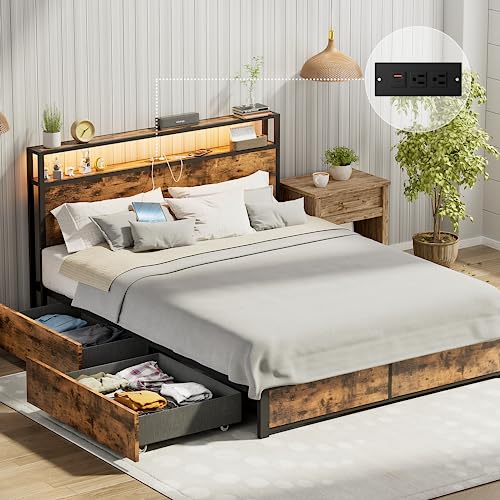 Fluest Full Bed Frame with Headboard Storage Drawers Metal Bed Frame with Storage LED Lights Headboard Built-in Charging Station USB&Type-C Ports,No Box Spring Needed,Mattress Foundation,Vintage Brown