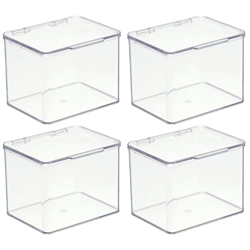 mDesign Plastic Playroom and Gaming Storage Organizer Box Containers with Hinged Lid for Shelves or Cubbies, Holds Small Toys, Blocks, Puzzles, Markers, Controllers, Lumiere Collection, 4 Pack, Clear