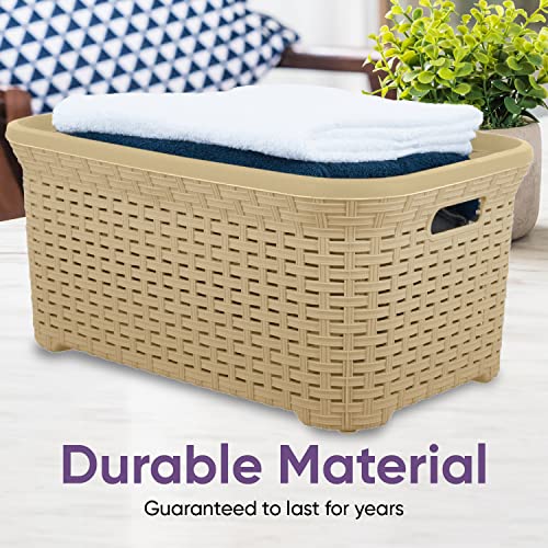 Designed Laundry Basket Plastic Storage Hamper Basket, Beige Cloths Basket Organizer with Cut-Out Handles. Space Saving for Laundry Room Bedroom Bathroom, Wicker Design 50 Liter