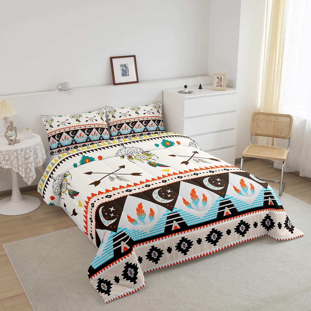 Feelyou Geometric Comforter Full Size with 2 Pillow Cases Dreamcatcher Decor Comforter Set Aztec Geometric Bedding Set Modern Art Quilted Duvet Set for Boys Girls Kids Adults