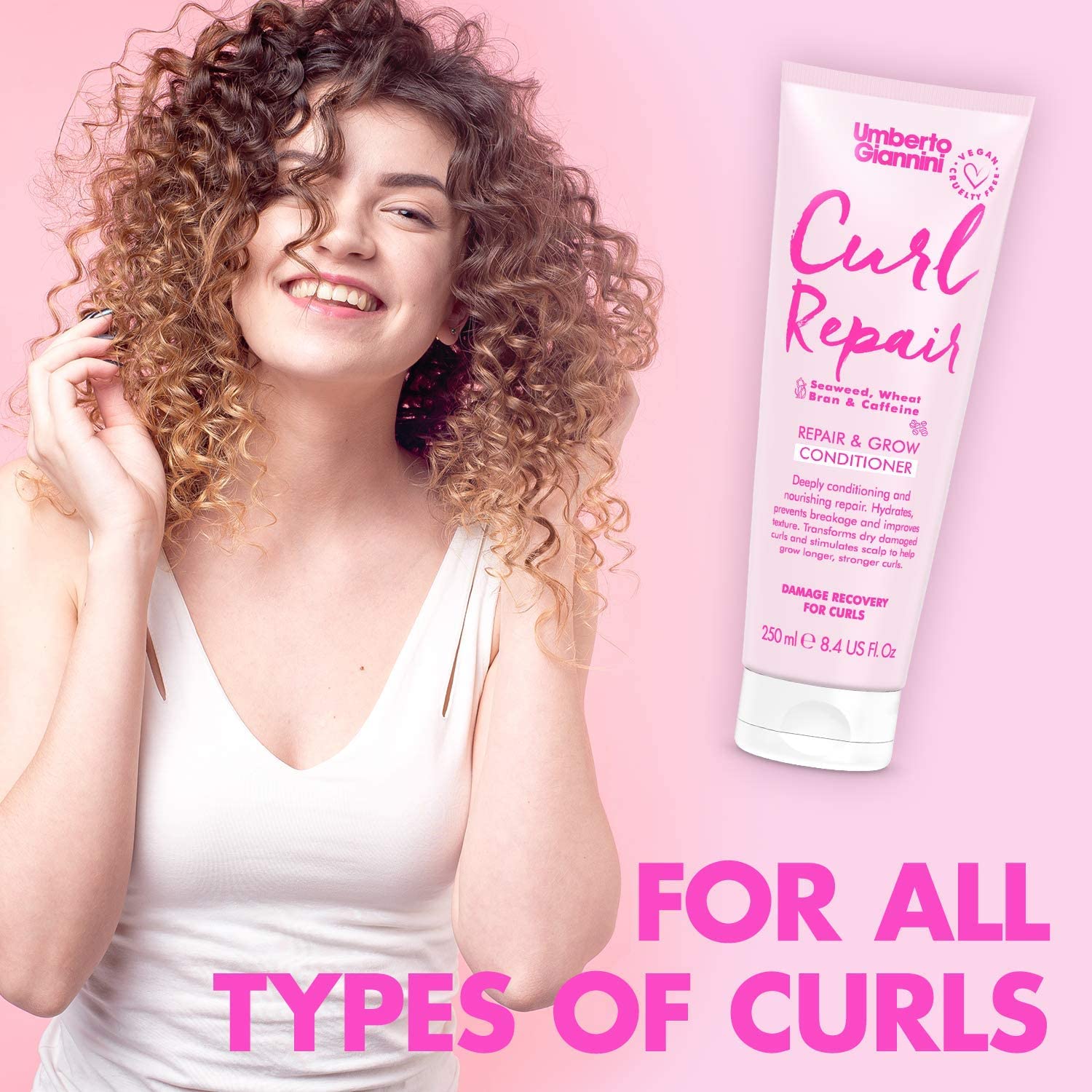 Umberto Giannini Curl Repair Conditioner, Vegan & Cruelty Free Repair & Growth Formula with Seaweed, Wheat Bran & Caffeine, 250 ml