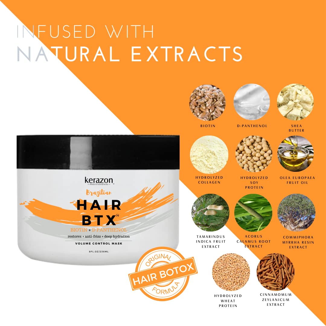 KERAZON Brazilian Hair BTX Treatment Mask 8oz 236ml provides repair for damaged, dry, smoothing, deep conditioning and hydration, nutrition, shine, softness, volume control and smoothness.