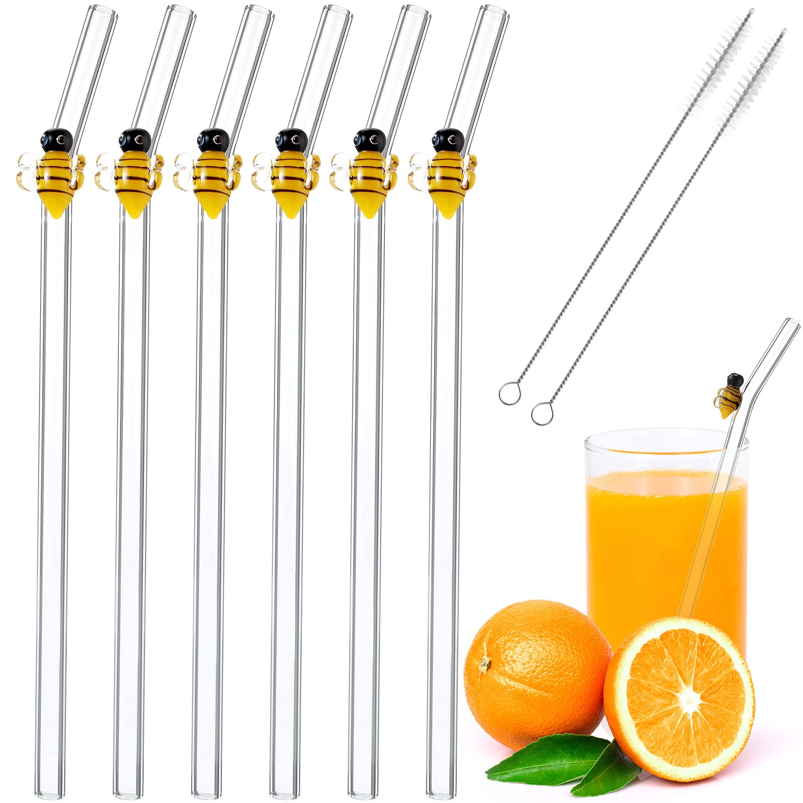 6 Pcs Reusable Glass Straws, Cute Bee on Clear Straws with Design 7.9 In x 8 Mm Colorful Shatter Resistant Bent Drinking Straws for Beverages, Shakes, Juices Suitable for Smoothies, Cocktails