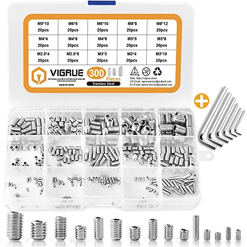 VIGRUE 300Pcs Set Screw Assorted M2.5/M3/M4/M5/M6/M8 Hex Allen Head Socket Grub Screw Assortment Kit with Internal Hex Drive, 304 Stainless Steel (Metric)