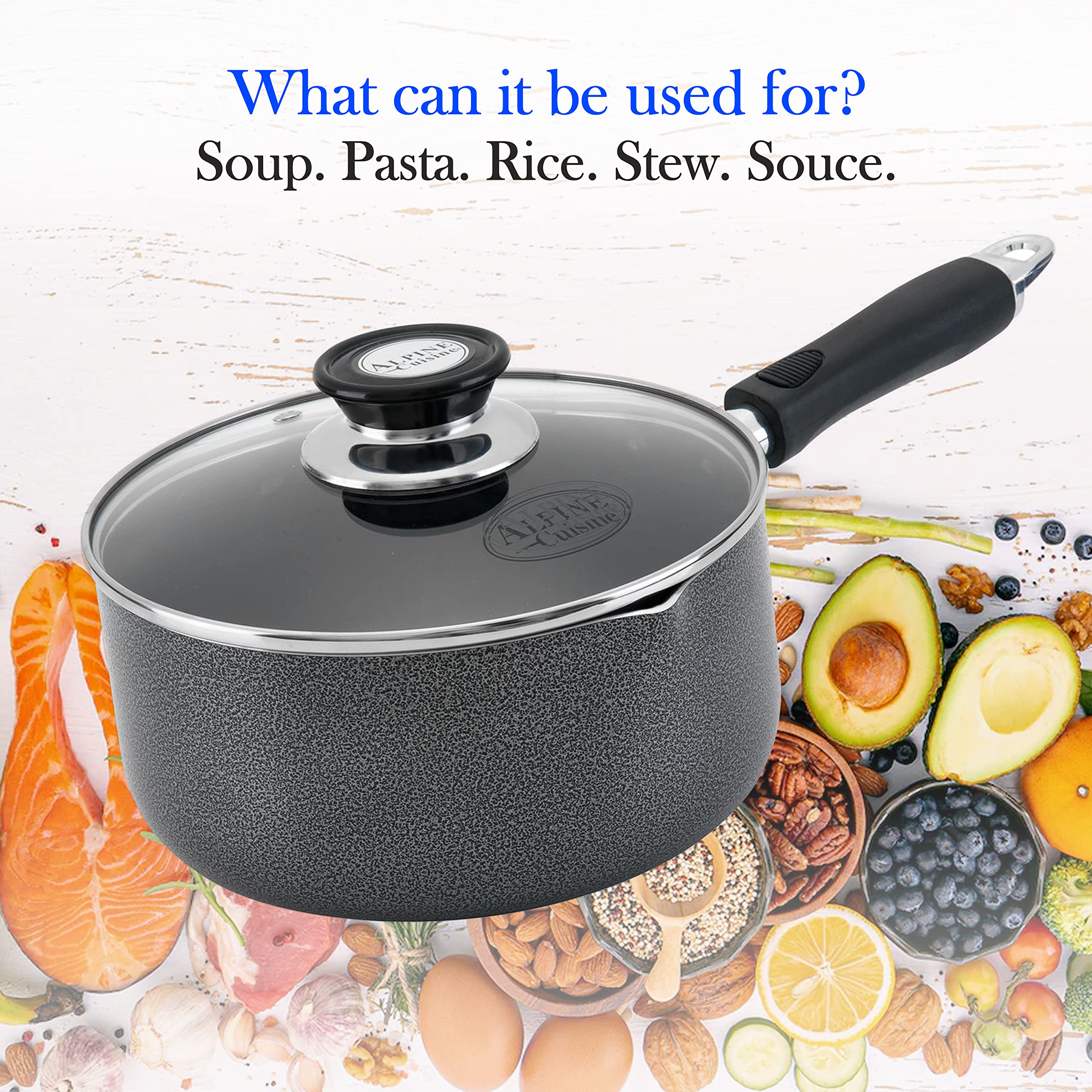 Alpine Cuisine Sauce Pan 2 Quart Nonstick Coating Soft Touch Bakelite Handle with Glass Lid, Nonstick Sauce Pans for All Stoves, Multipurpose Use for Home Kitchen & Restaurant - Dishwasher Safe