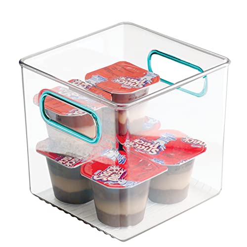 mDesign Plastic Kitchen Pantry Cabinet, Refrigerator or Freezer Food Storage Bins with Handles - Organizer for Fruit, Yogurt, Snacks, Pasta - Food Safe, BPA Free, 6" Cube, 4 Pack - Clear/Blue