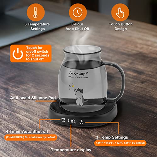 Bsigo Smart Coffee Mug Warmer & Cute Cat Glass Mug Set, Beverage Warmer for Desk Office, Cup Warmer Plate for Milk Tea Water with Time & Temperature Setting(Up to 140℉/ 60℃), 8H Auto Shut Off, Grey