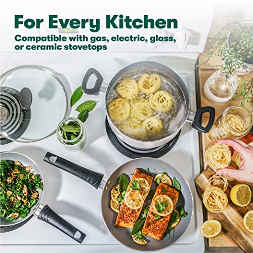 BELLA Cookware Set, 12 Piece Pots and Pans with Utensils, Nonstick Scratch Resistant Cooking Surface Compatible with All Stoves, Nylon and Aluminum, Cream