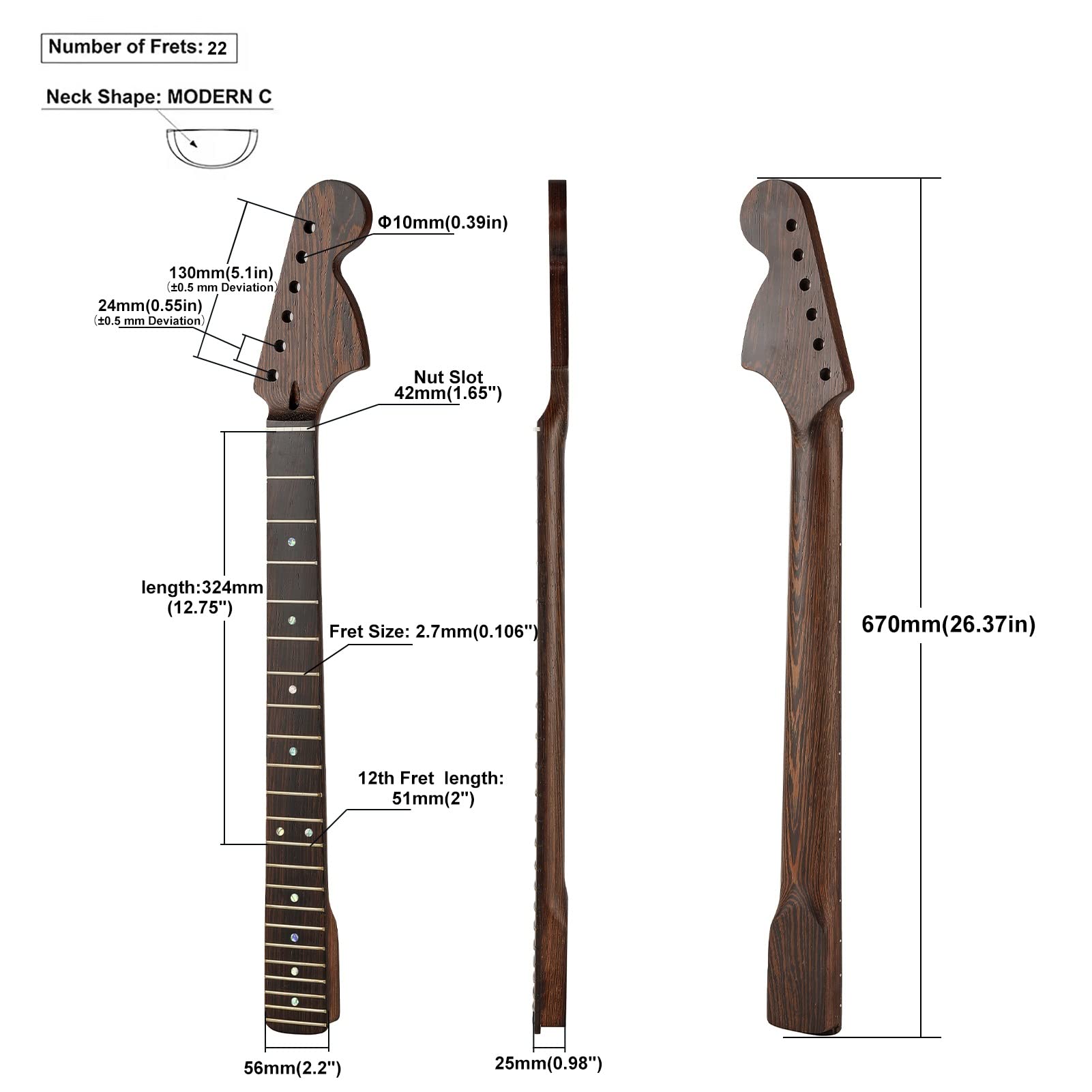 22 Fret ST Wenge Electric Guitar Neck Big Head for ST Style Guitar DIY Parts Replacement