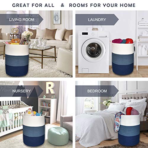 COMSE Extra Large Blanket Basket, High Storage Basket, Tall Rope Laundry Basket, 15.7βx 21.7β, Cotton Rope Basket, XXXL Laundry Basket, Toy Basket, Clothes Baskets,White/Cadet Blue/Navy Blue