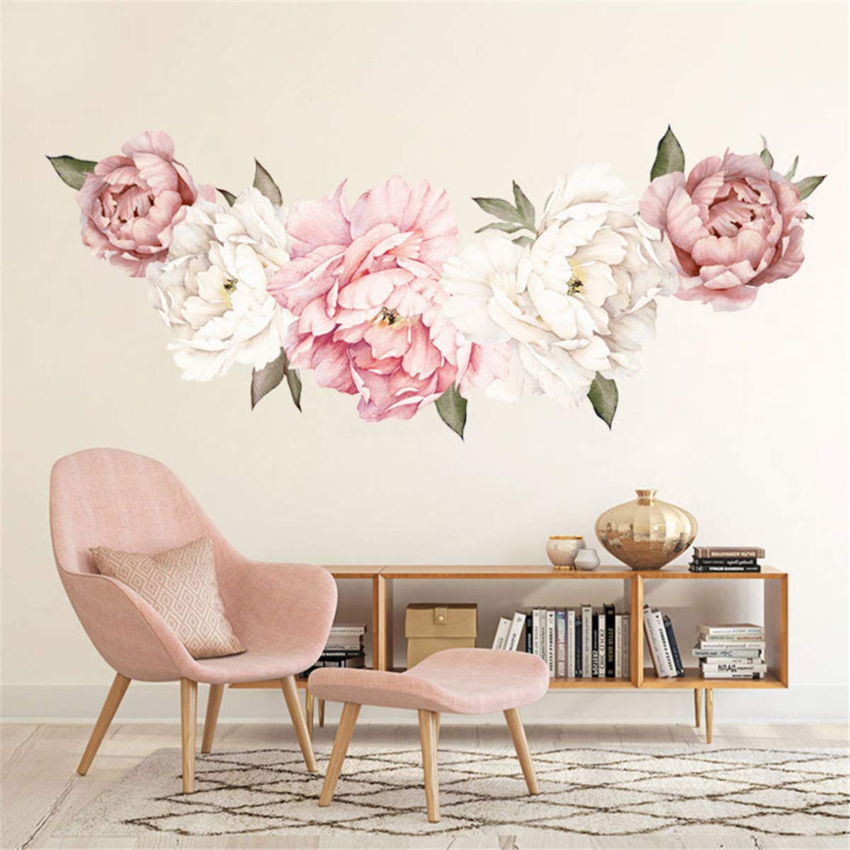 Peony Flowers Wall Sticker Waterproof PVC Rose Flowers Wall Decals Removable Floral Wall Decor Sticker for Living Room Bedroom Nursery Room