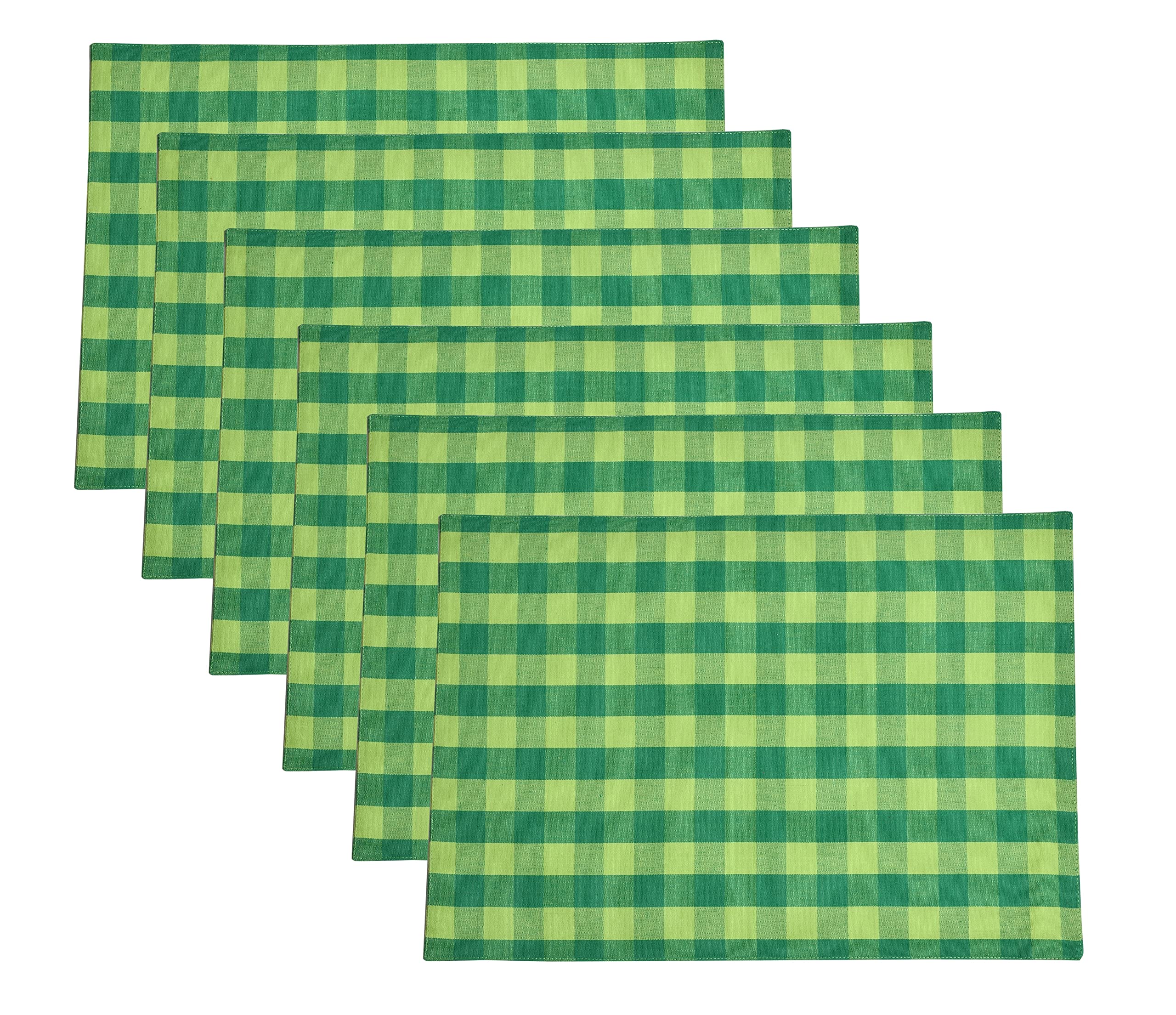Urban Villa Green Checks Special 100% Cotton Fused Place Mats 14''x 20'' Over Sized Set of 6 Green Check Plaid Every Day Use Heavier Quality