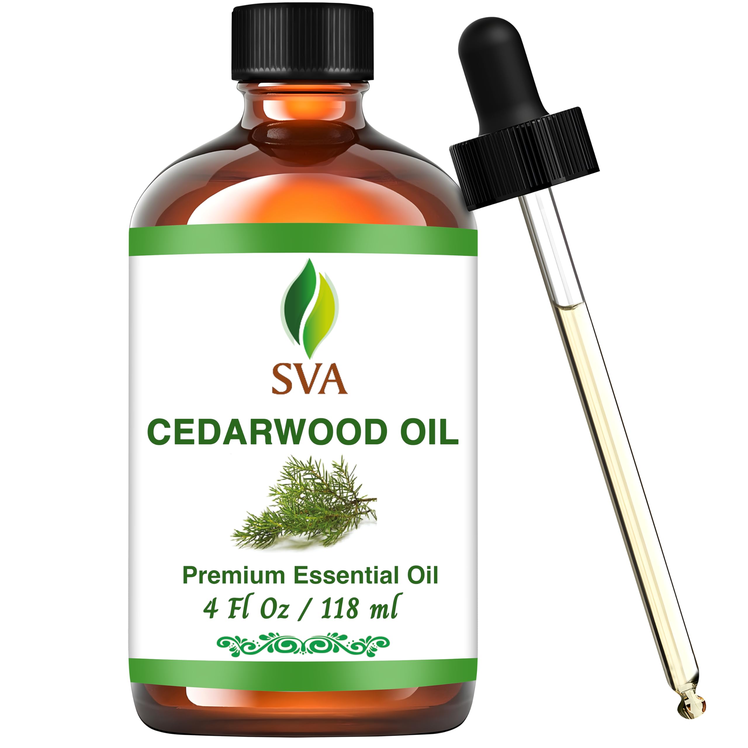 SVA Cedarwood Essential Oil β 4 Fl Oz β 100% Natural Cedar Juniperus Mexicana Oil - for Diffuser, Hair Care, Face, Skin Care, Aromatherapy, Scalp and Body Massage, Soap and Candles β with Dropper