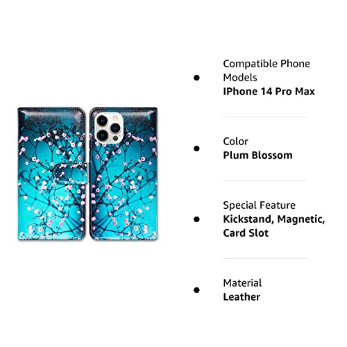 Bcov iPhone 14 Pro Max Case, Plum Blossom Flower Leather Flip Phone Case Wallet Cover with Card Slot Holder Kickstand for iPhone 14 Pro Max